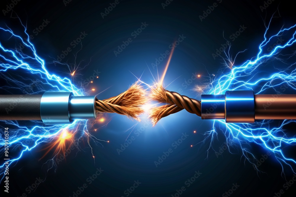 Vibrant blue electric spark crackles between two exposed copper cables ...