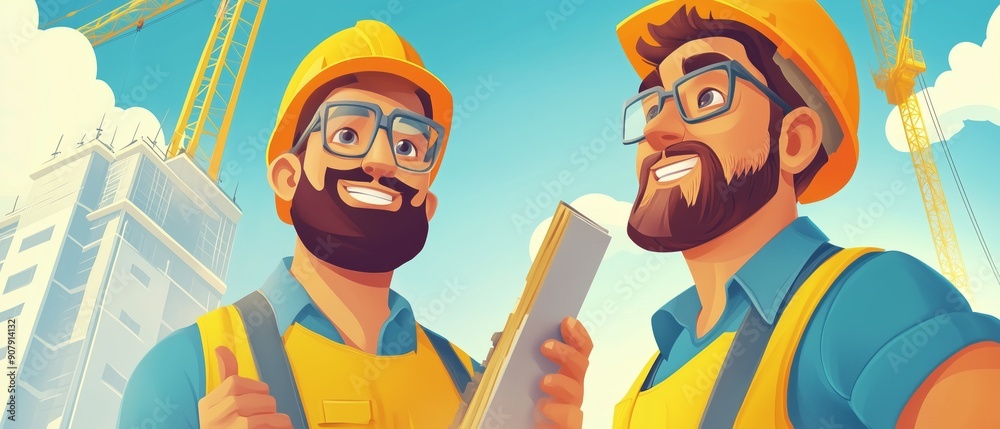 Bright and vibrant cartoon image of construction supervisors overseeing ...