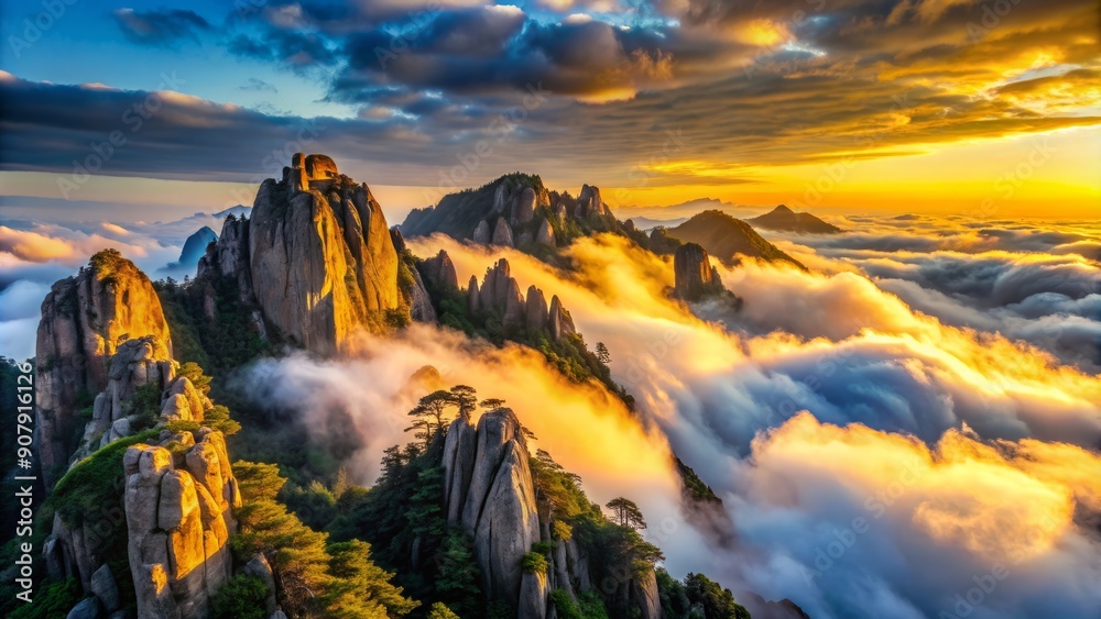 Golden light shines in the evening at Huangshan, reflecting overflowing ...