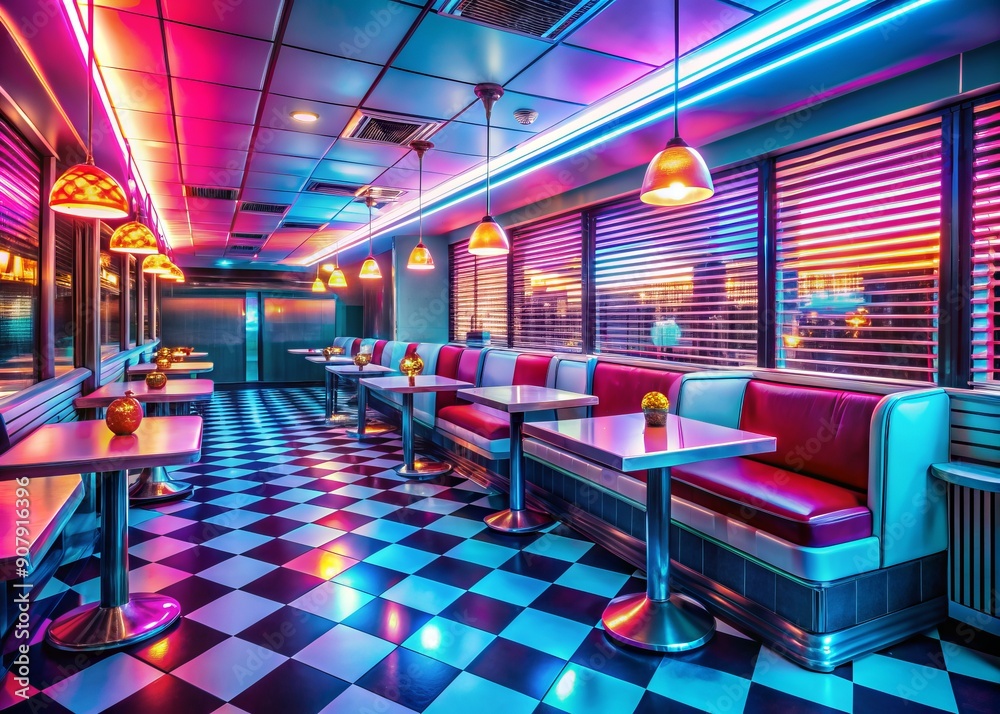 Retro diner with neon lights, vinyl booths, and vintage decor, evoking ...