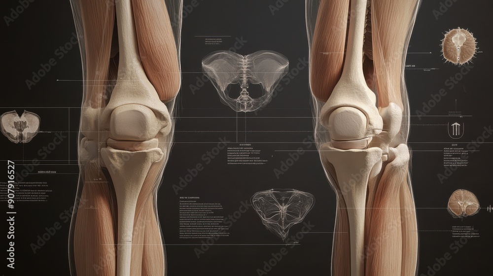 Close-up view of a detailed anatomical illustration of the human knee ...