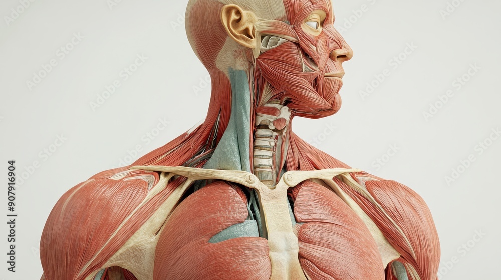 Side view of a detailed anatomical illustration showing the human ...