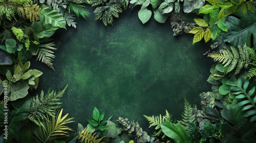 An arrangement of various green leaves forming a full border around a ...