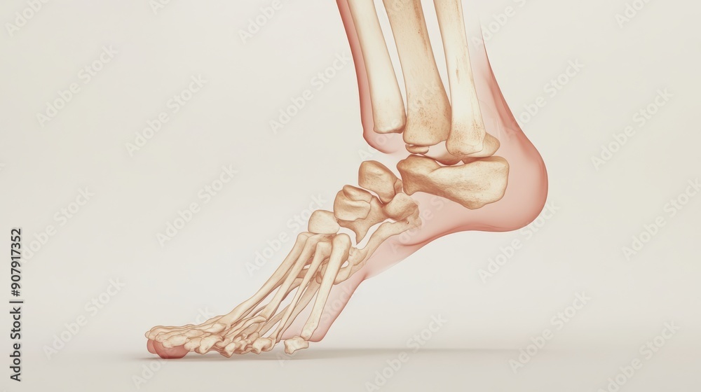 Side view of a human foot skeleton with a semi-transparent overlay ...