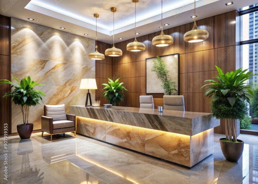 Polished marble reception desk with elegant lamp, potted plants, and ...