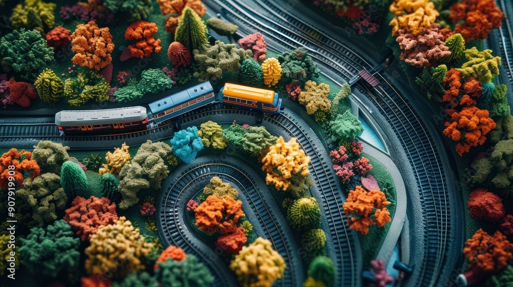 An overhead shot of a colorful toy train set, complete with tracks ...