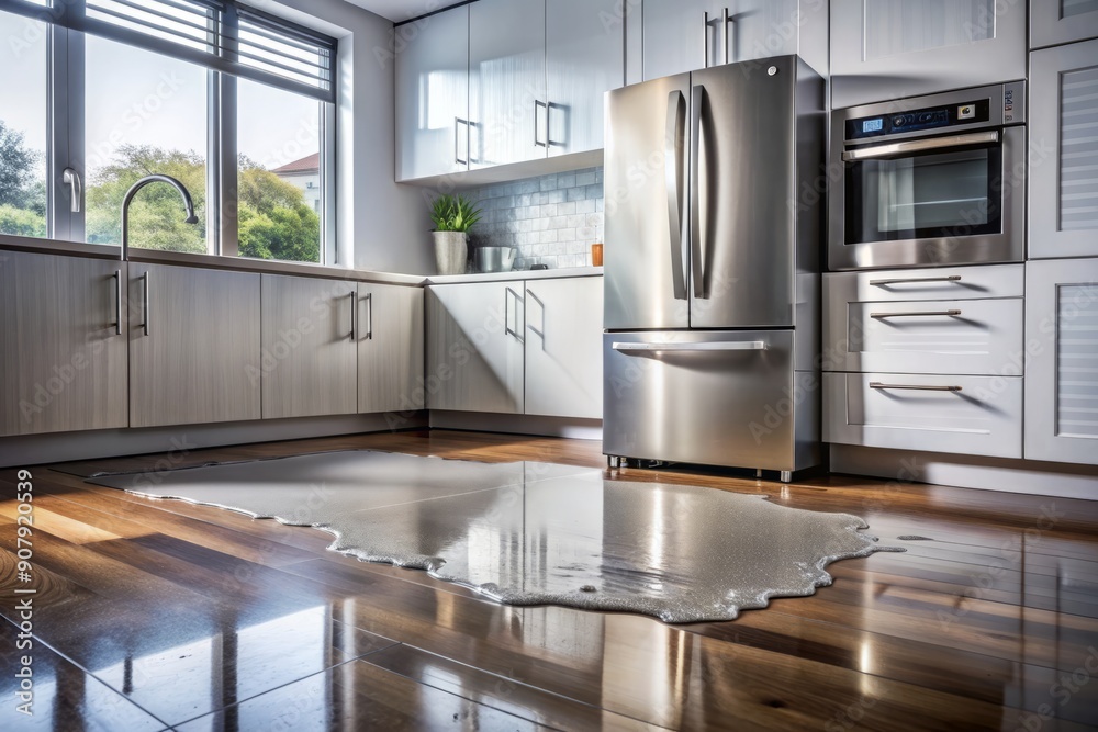 Water puddle forms on sleek kitchen floor beneath modern refrigerator ...