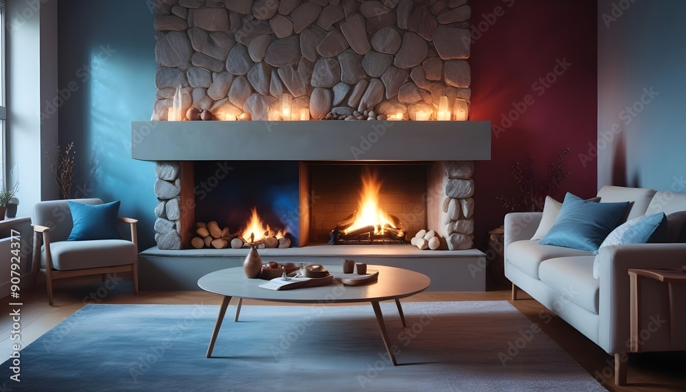 Interior design of a scandinavian living room with a fireplace and a ...