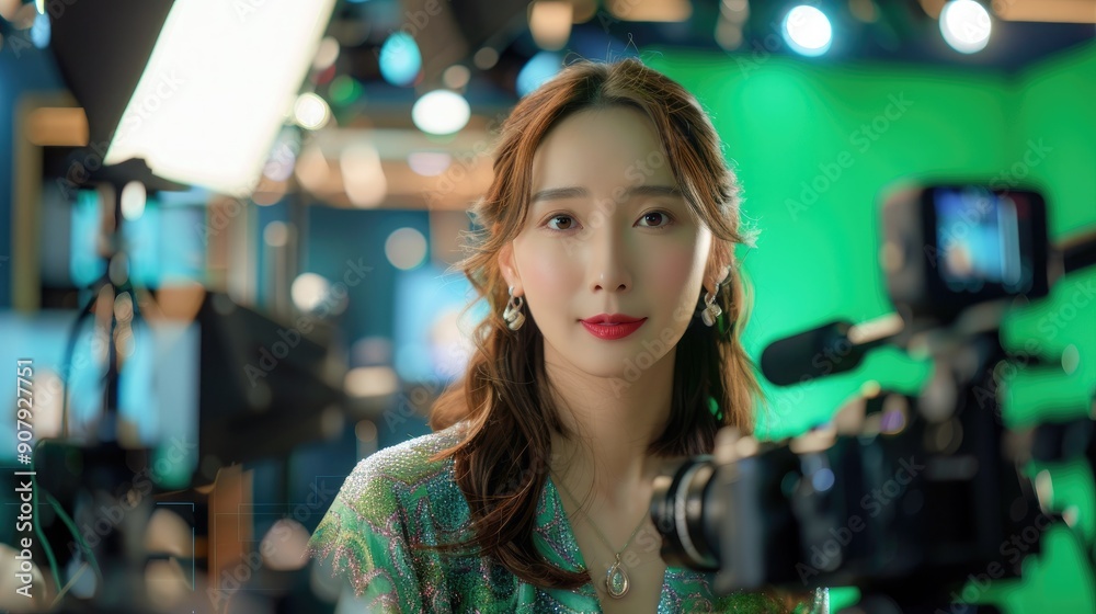 An Asian female anchor is live streaming, facing the camera with a ...