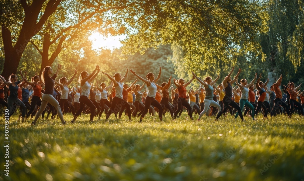 Large group of fit and active people doing exercise in nature ...