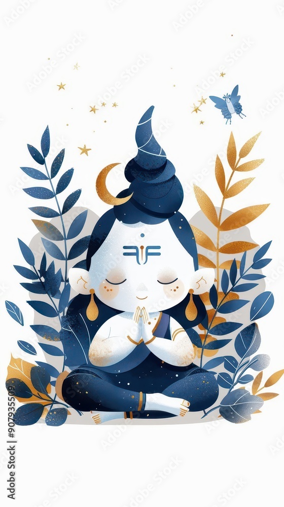 Cute Lord Shiva with bright blues and golds, digital Hindu illustration ...