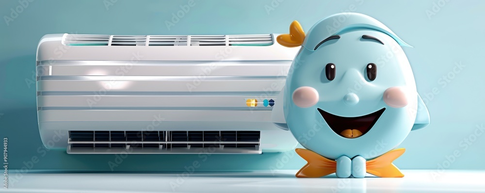 Cheerful blue air conditioner mascot with a smiling face, standing next ...
