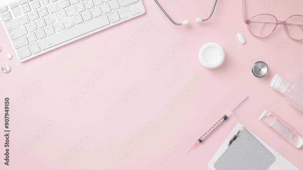 A pink background with a keyboard, a bottle, a syringe, and a cup ...