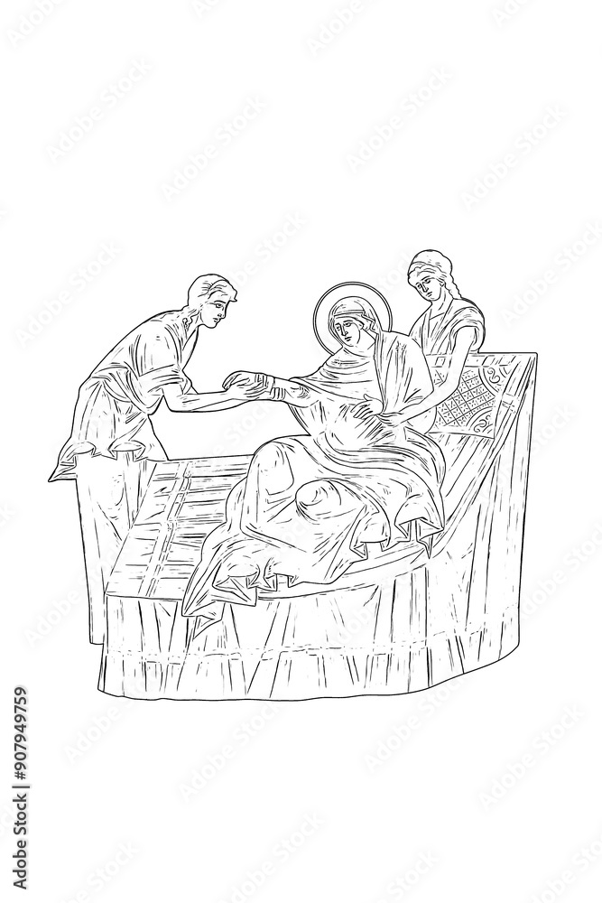 Nativity of the Blessed Virgin Mary. Coloring page on white Stock ...