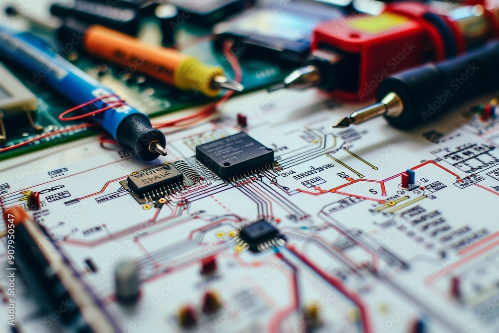A photo of a detailed schematic diagram of an electrical circuit with ...