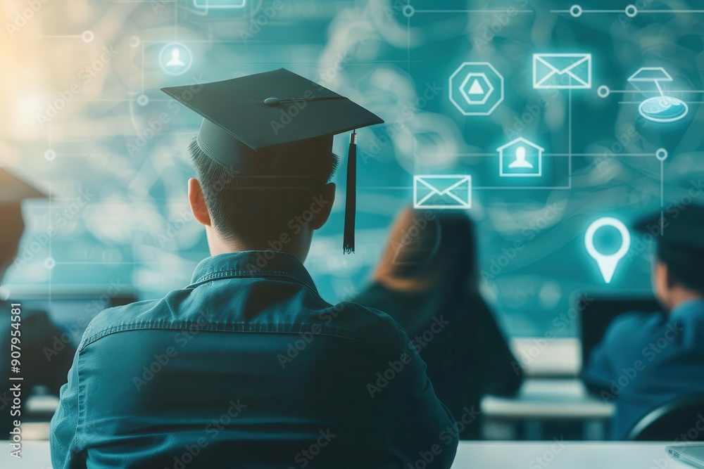 Silhouettes of students engaging in online learning, digital platforms ...