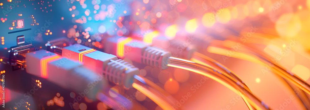 Closeup photo of a server patch panel with many ports and wires ...