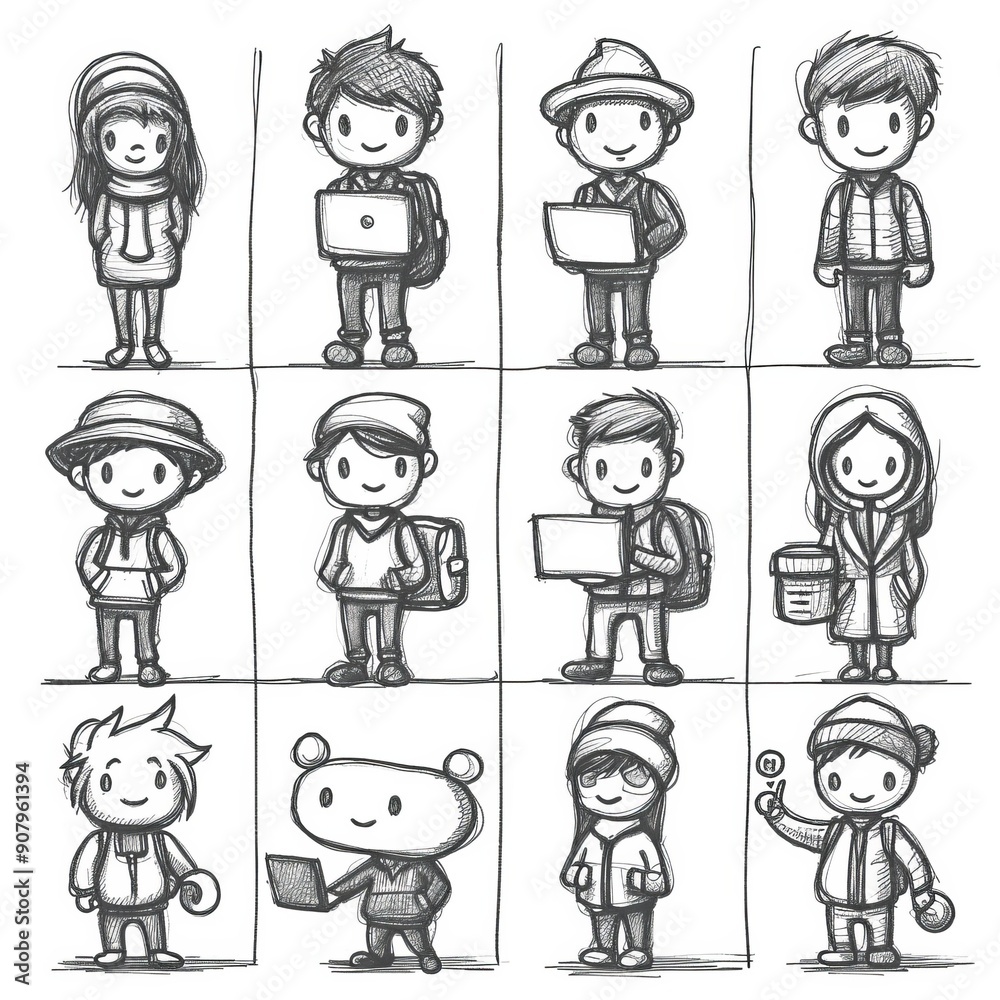 Various stick figure characters engaged in different activities in a ...