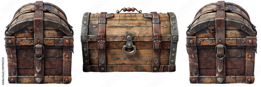 A wooden chest with carvings and leather straps for RPG game character ...