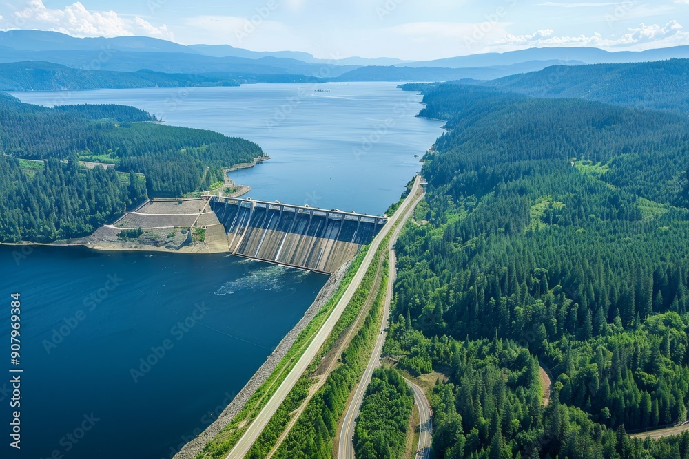 An aerial photograph captures a dam and reservoir surrounded by dense ...