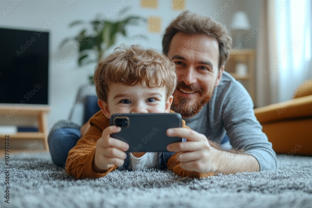 Little boy making selfie on smartphone with father, lying on floor in ...