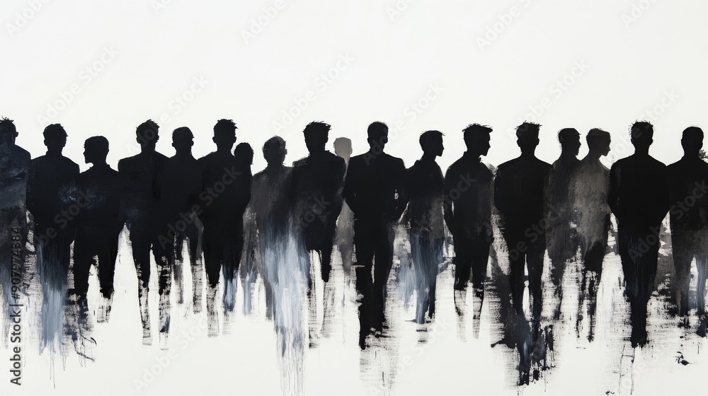 Black and white sketch showing a group of people in the distance ...