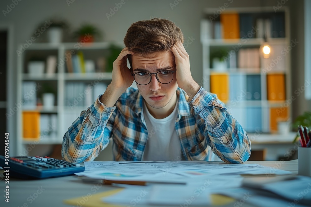 Financial problems with accounts. Young bored man sitting in the office ...