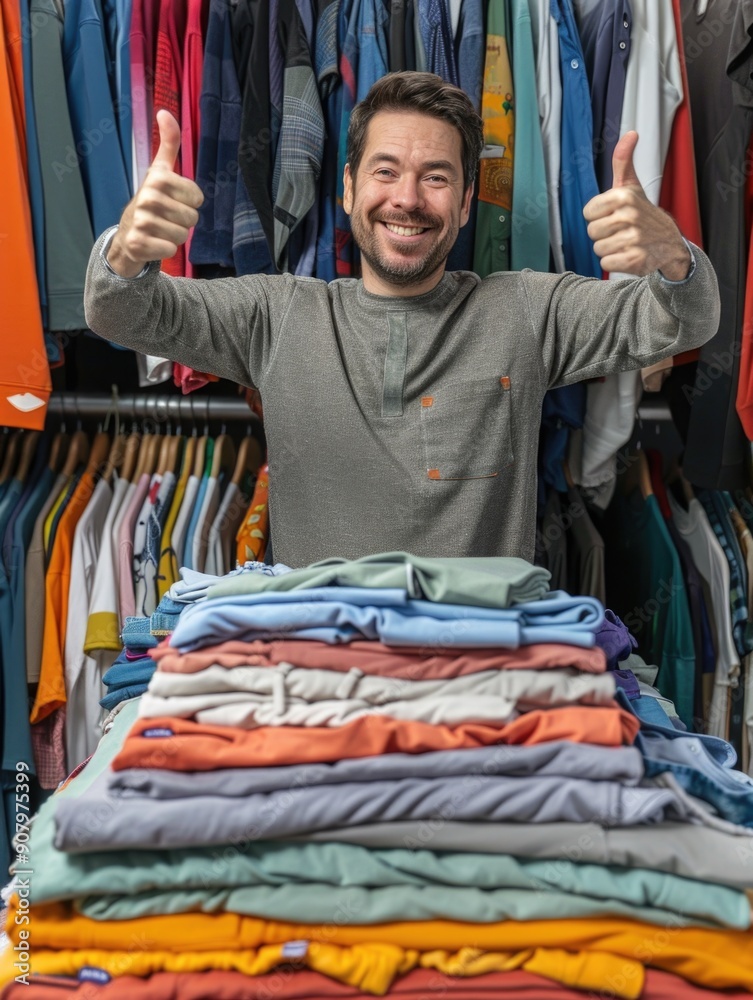A man is standing in front of a pile of clothes, giving a thumbs up ...