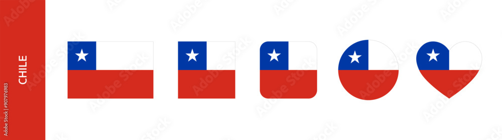 Chile flag icon set. Chilean flag in round and square set. Flag of Chile in heart and circle ...