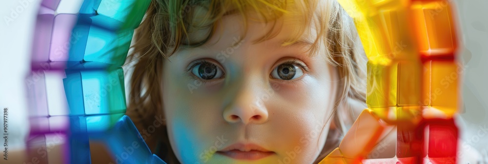 Young child peering through the vibrant window of a toy Educational ...