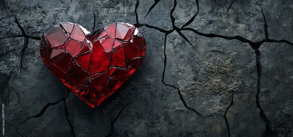 On a base of black stones is a red heart split into pieces Stock ...