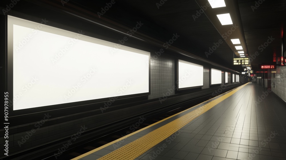 Luminous poster on a railway platform, format landscape, in a nighttime ...