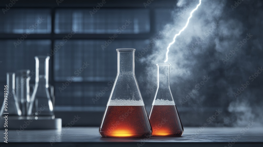 A mad scientists lab with strange contraptions, bubbling beakers, and ...