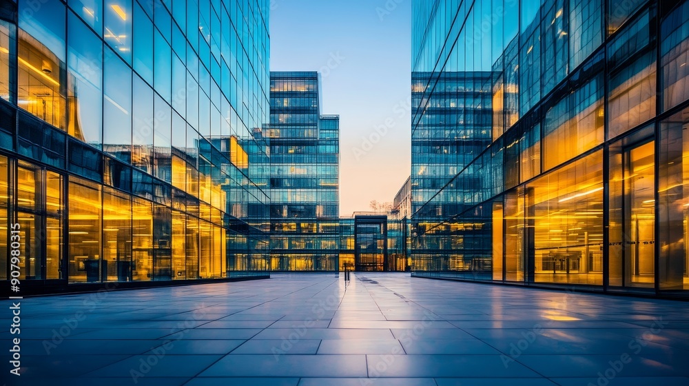This image showcases two modern office buildings with glass facades ...