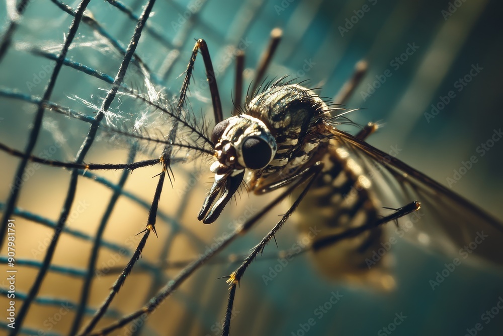 Detailed view of a mosquito being caught in an electric mosquito trap ...