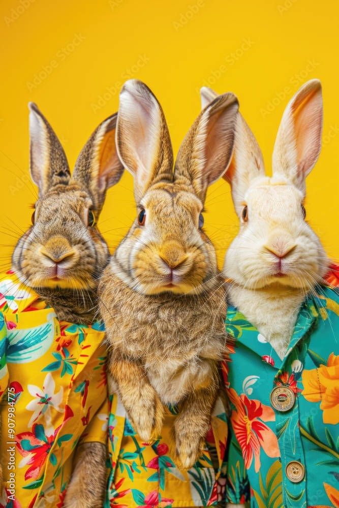 Three rabbits wearing Hawaiian shirts pose for a photo. The rabbits are ...