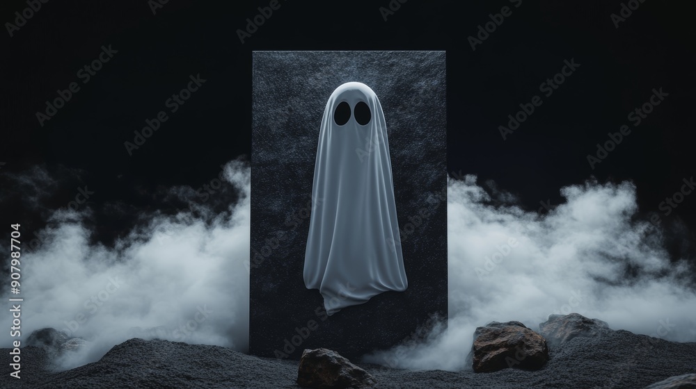 A spooky graveyard scene with a ghost rising from a grave and mist ...