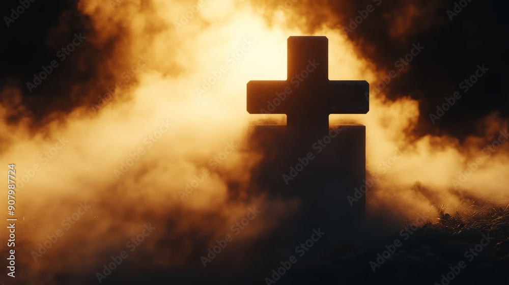 A spooky graveyard scene with a ghost rising from a grave and mist ...