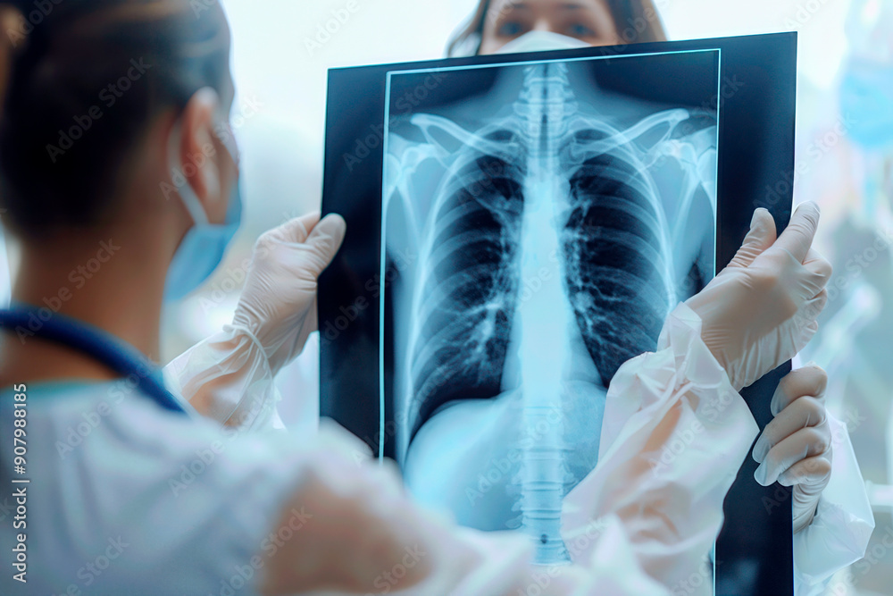 A healthcare professional examines a lung X-ray, highlighting the ...