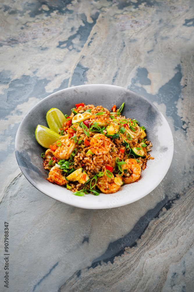Stir-Fried spicy red parboiled rice with king prawns, seafood and ...