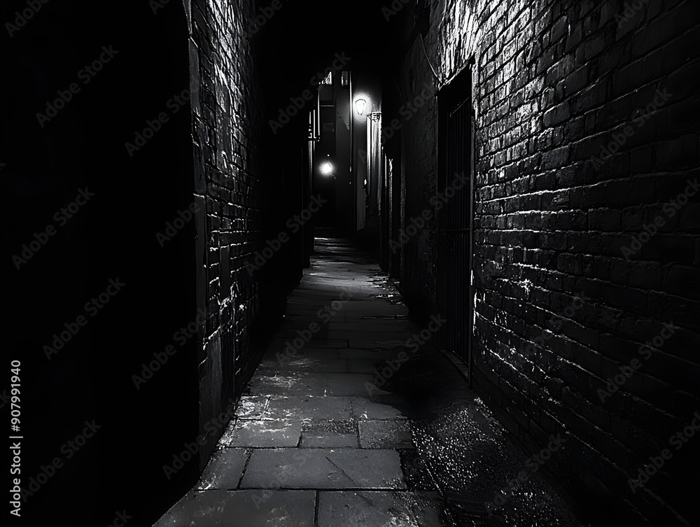 Moody Black and White graph of Narrow Dimly Lit Alleyway with Shadows ...
