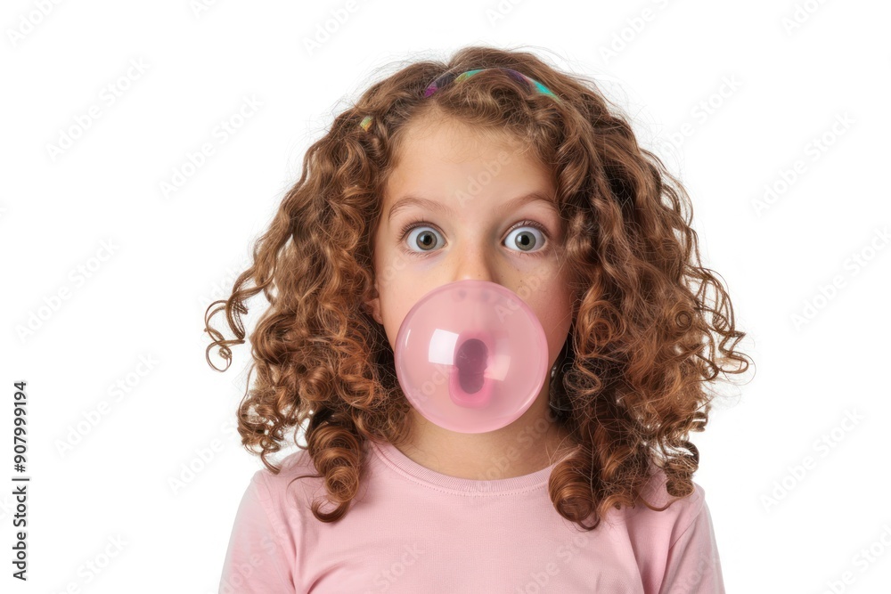 surprised funny child blowing a large bubble gum against a white ...