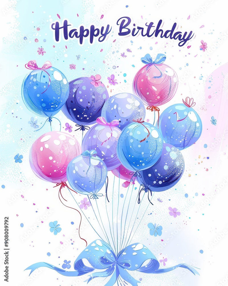 Pastel-colored birthday background with balloons, ribbons, and a "Happy ...