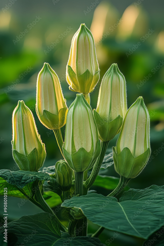 Modern design of okra plants, with pods growing and maturing in the ...