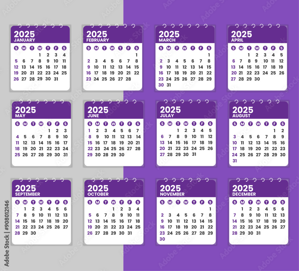 Desk Calendar 2025 template set, Modern calendar design, Set of 12 ...