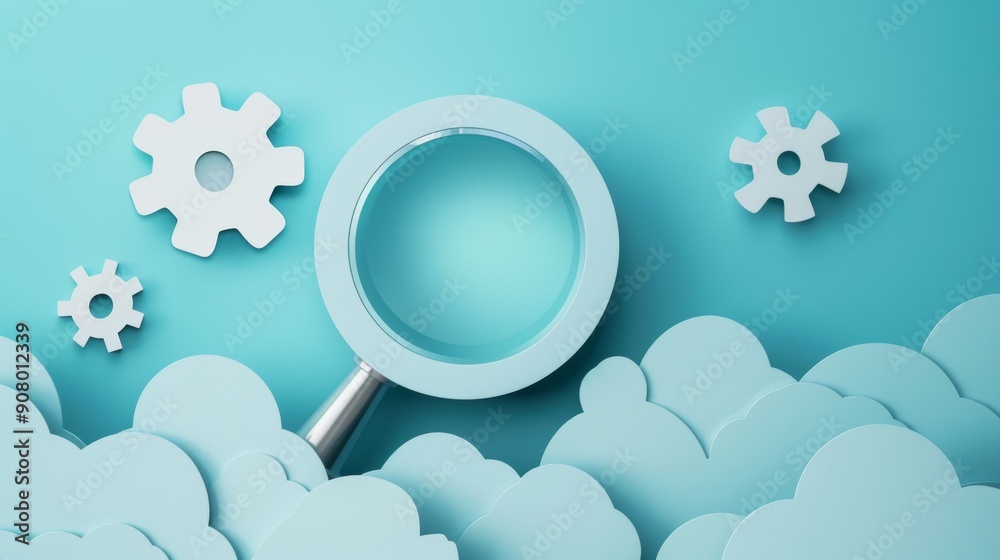 Magnifying glass and gears floating among clouds symbolizing search ...