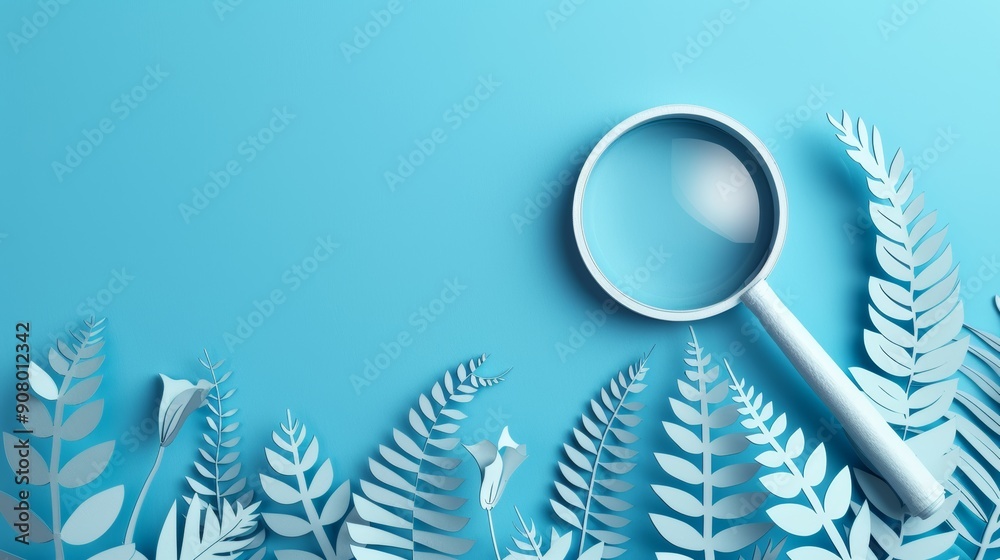 Magnifying glass over paper-cut leaves on a blue background ...