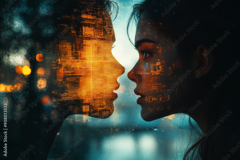 Clean and modern depiction of two people separated by a digital screen ...