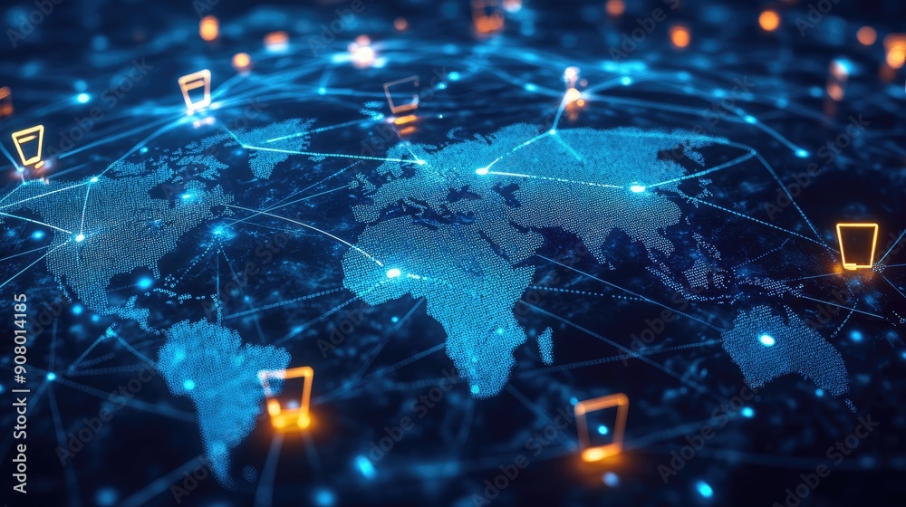 A digital illustration of a global map with interconnected lines and ...