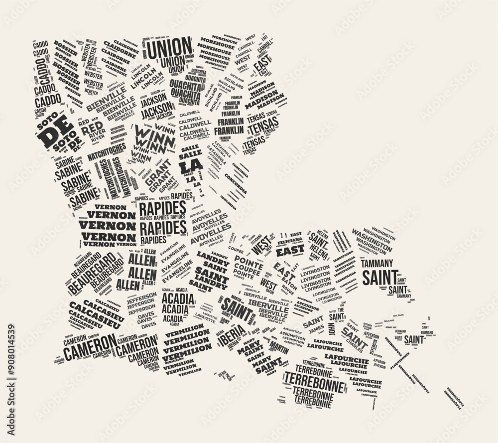 Louisiana Word Cloud. State with counties division. Louisiana ...